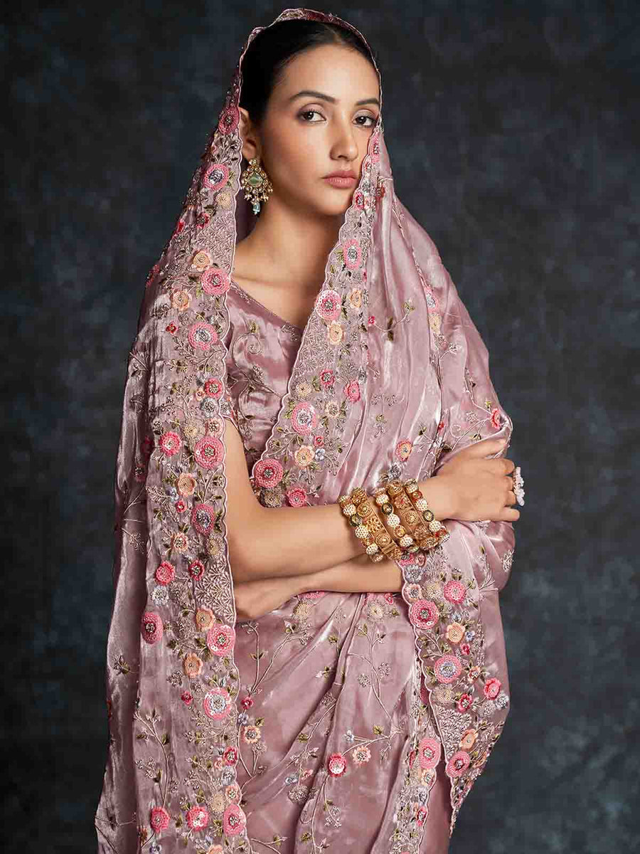 Pink Organza Embroidered Saree With Unstitched Blouse - Clot