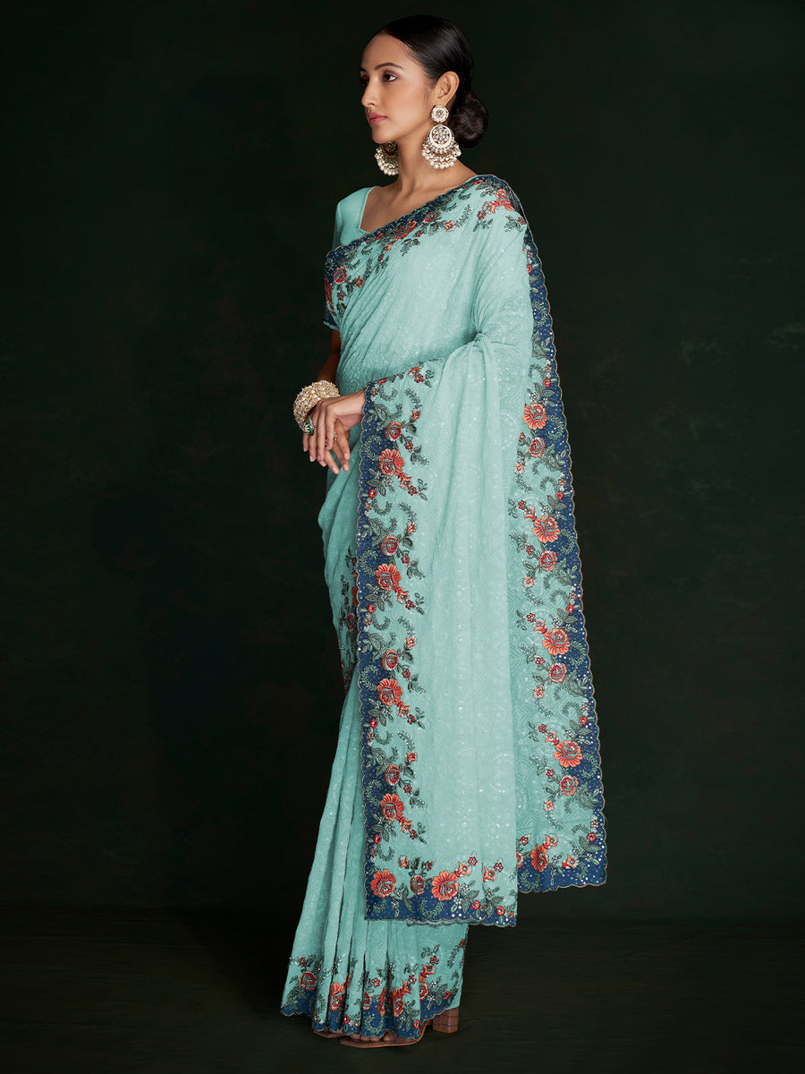 Modren Blue Georgette Embroidered Saree With Unstitched Blou
