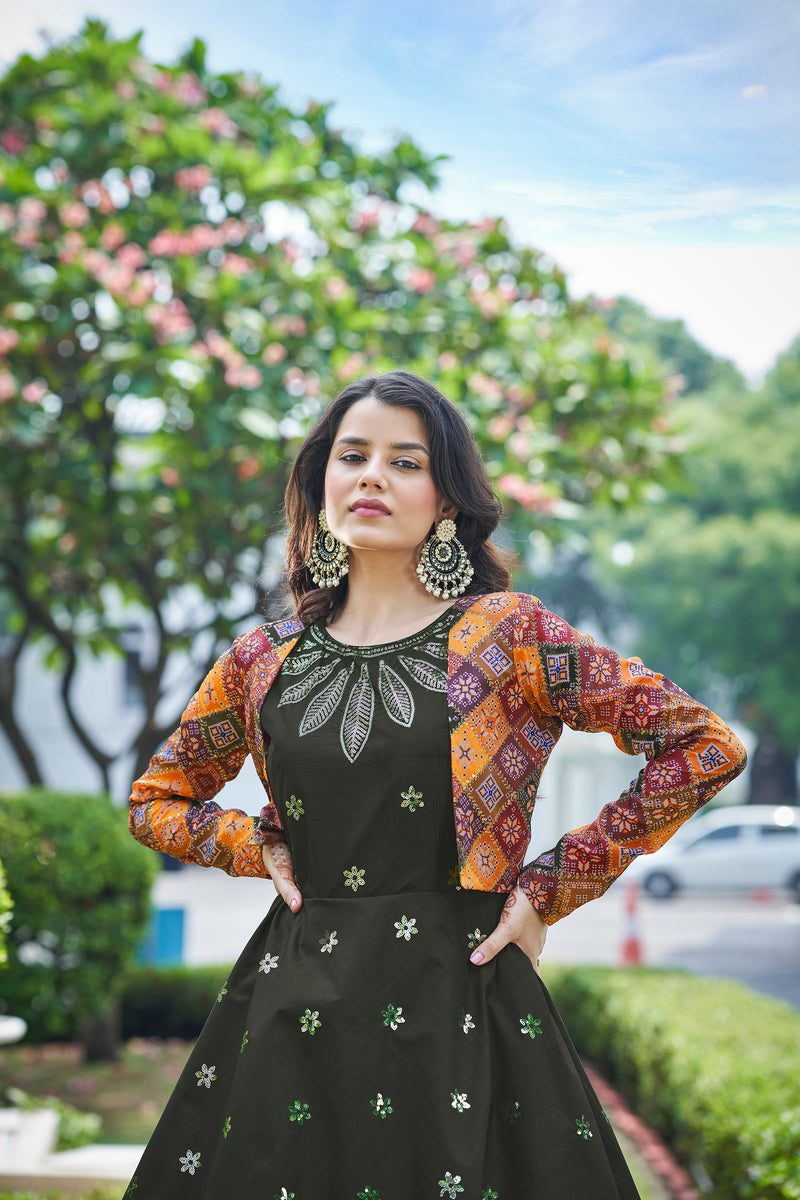 Amazing Olive with Multicolor Color Work Anarkali Gown With