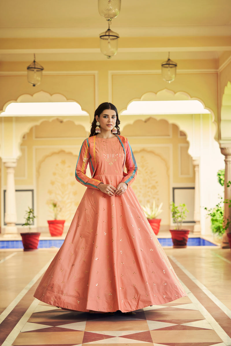 Beautiful Sequence Work Peach Color Gown With Koti - Clothsv