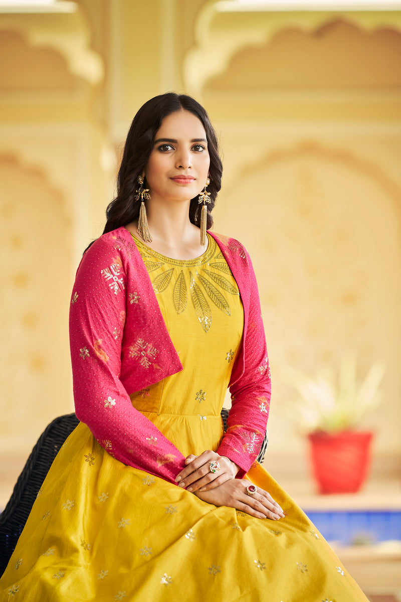 Beautiful Sequence Work Yellow With Rani Color Gown With Kot