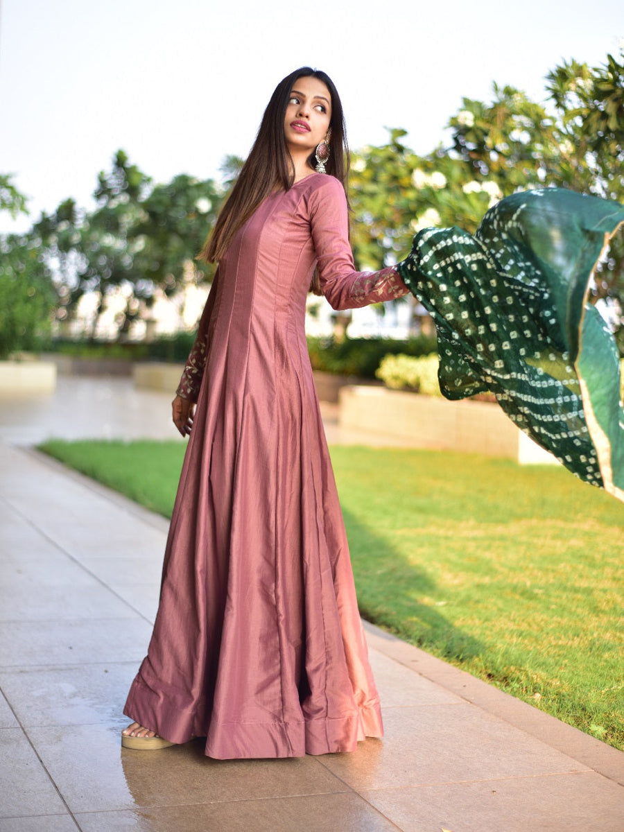 Onion Color Chinon Gown With Bandhej Silk Dupatta - ClothsVi