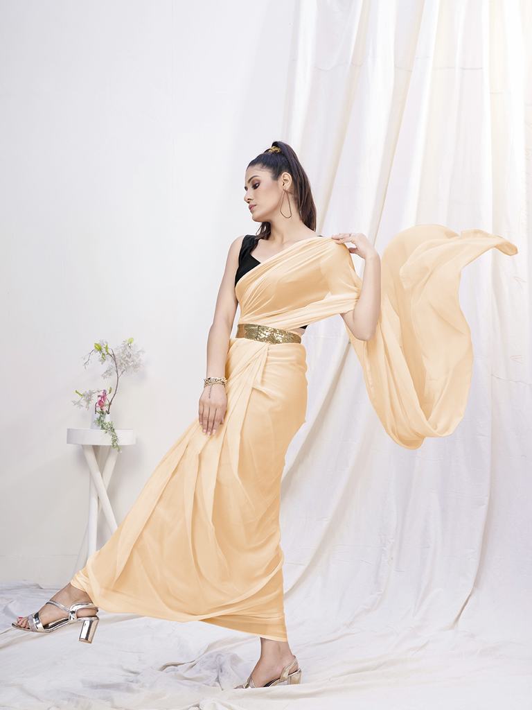 Classy Cream Pre-Stitched Blended Silk Saree - Clothsvilla