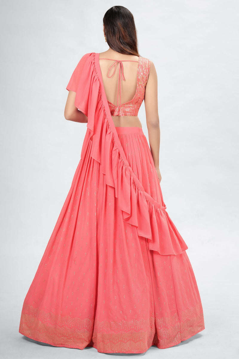 Coral Indian Georgette Lehenga Choli With Ruffle Dupatta For