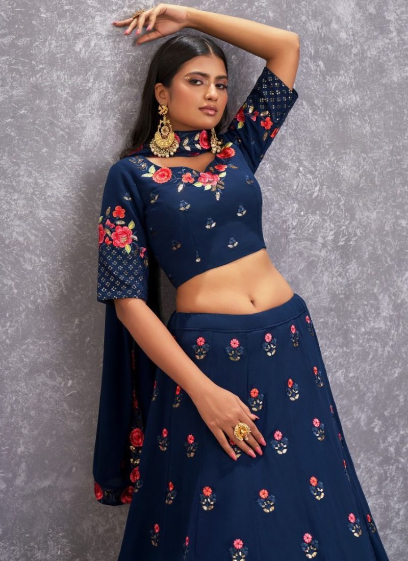 Excellent Thread Embroidered Georgette Navy Blue Lehenga Cho