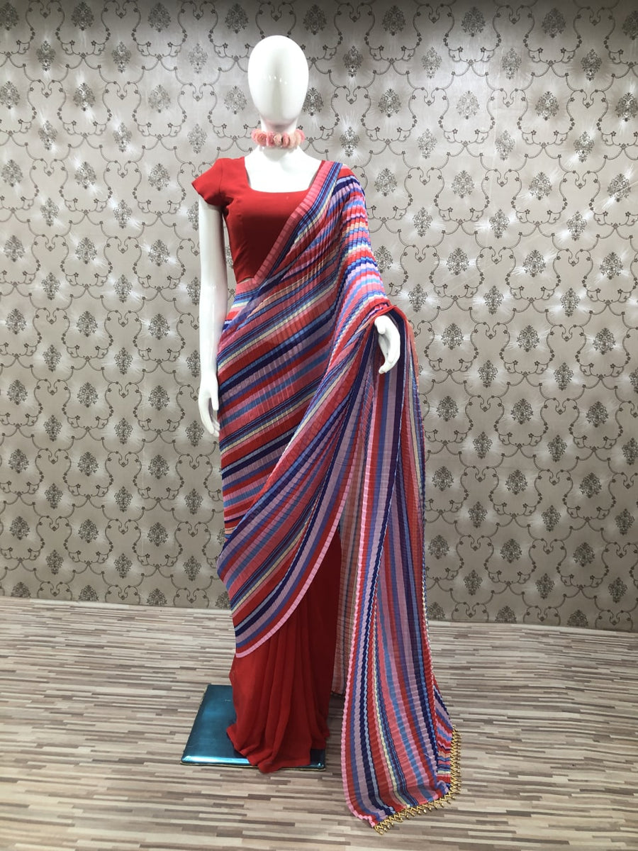 Function Wear Multi Color Pleated Saree - Clothsvilla