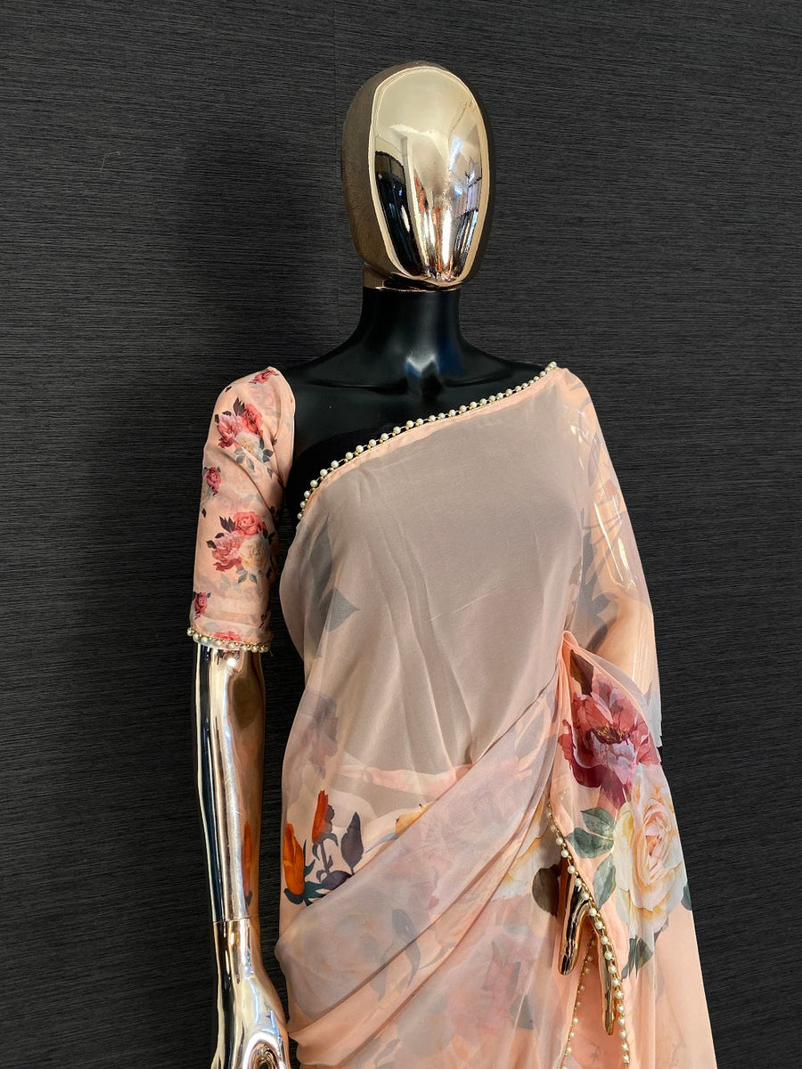 Peach Color Printed Pearl Lace Border Georgette Saree - Clot