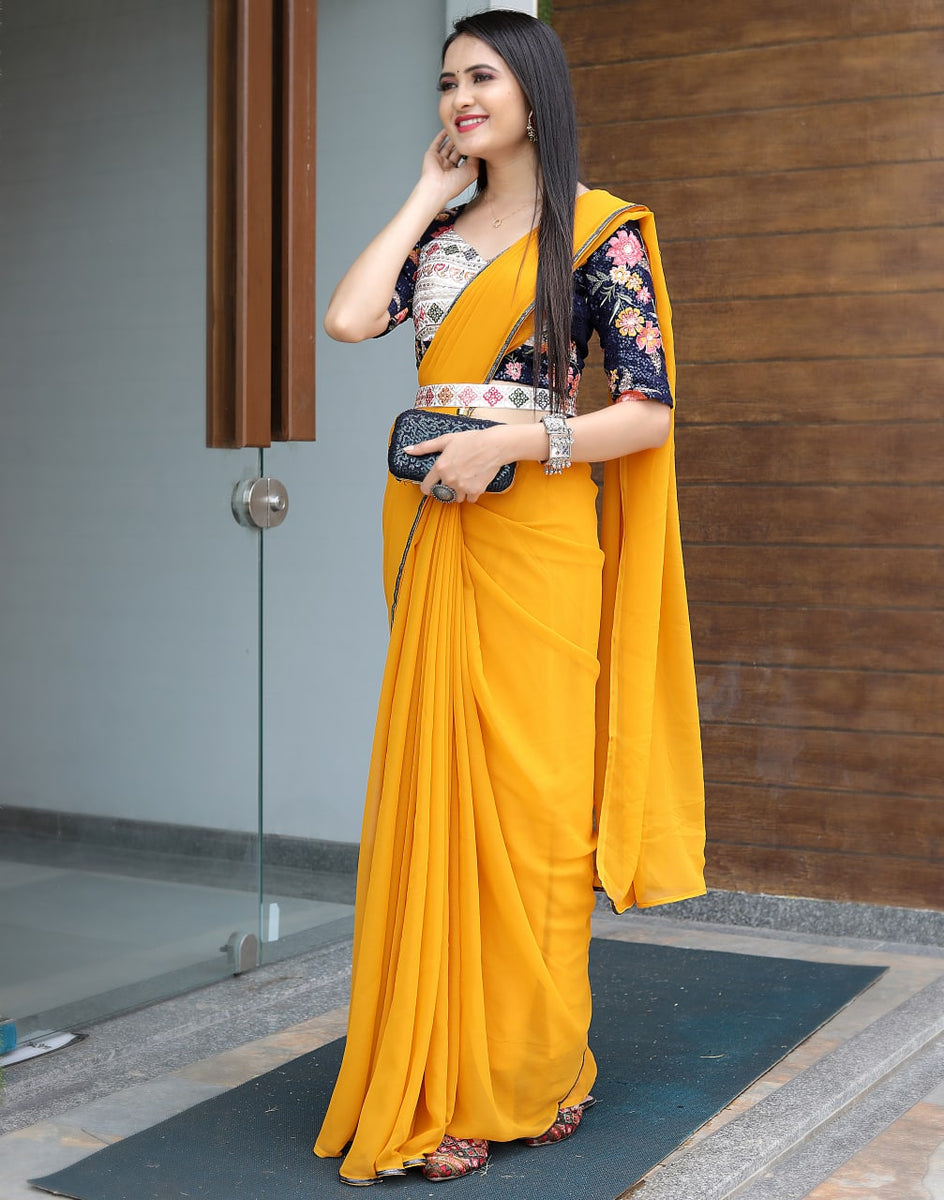 Glamourous Yellow Color Saree With Stitched Blouse - Clothsv