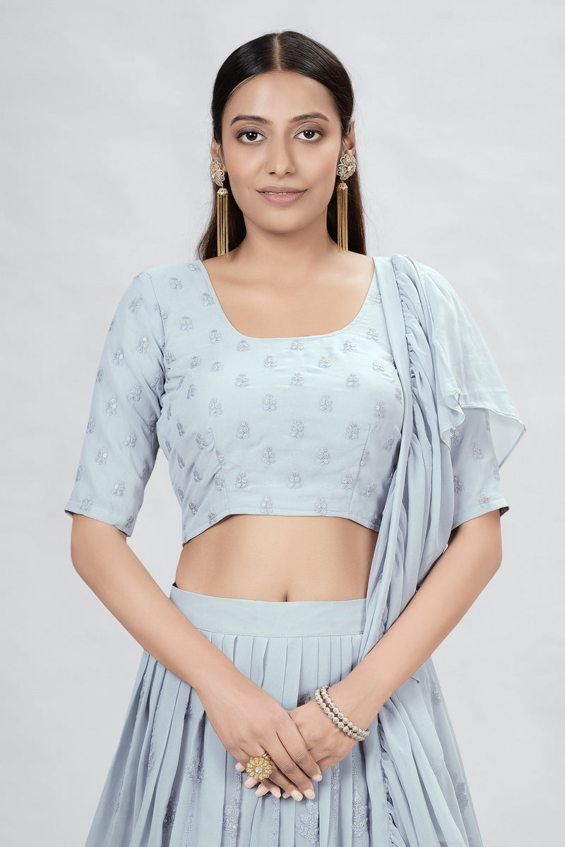 Gray Indian Georgette Lehenga Choli With Ruffle Dupatta For