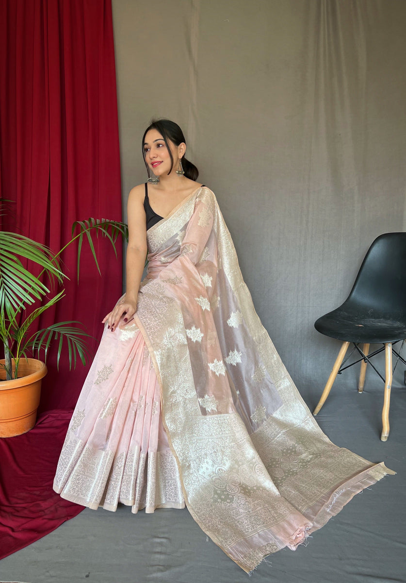 Pastel Pink Saree in Cotton Rose Gold Woven - Clothsvilla