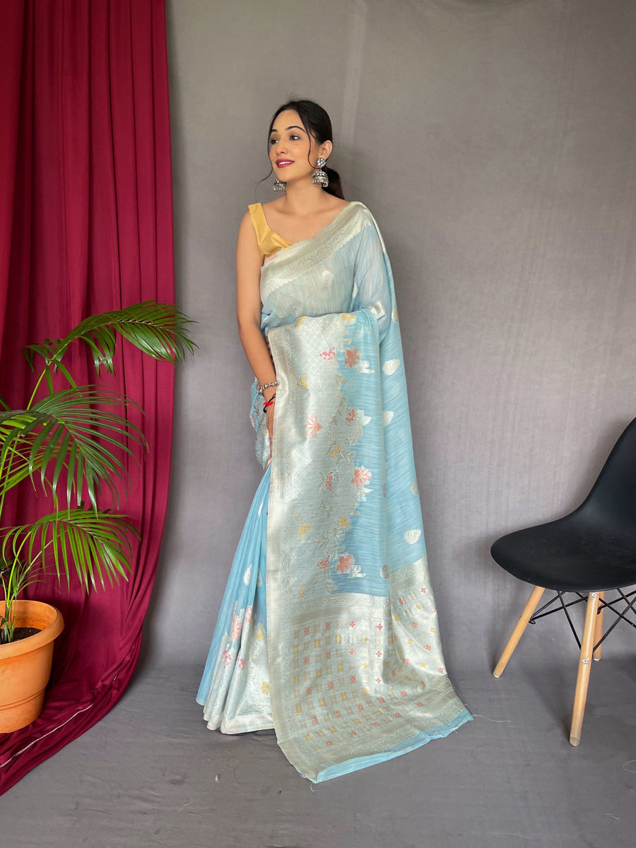 Powder Blue Saree in Cotton - Clothsvilla