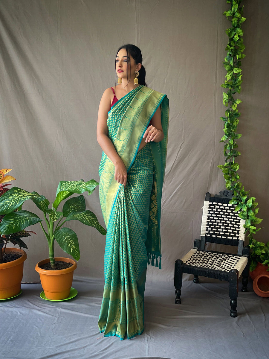Rama Green Saree in Pure Kanjeevaram Silk for wedding - Clot