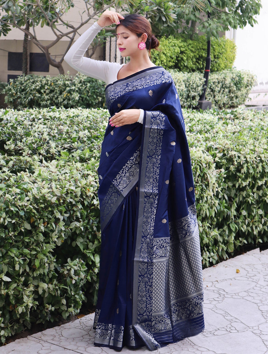 Navy Blue Saree in Soft Silk for wedding - Clothsvilla