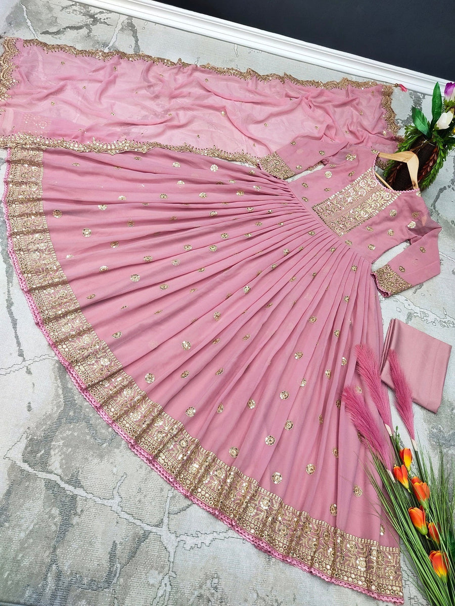 Designer Light Pink Embroidery Work Gown - Clothsvilla