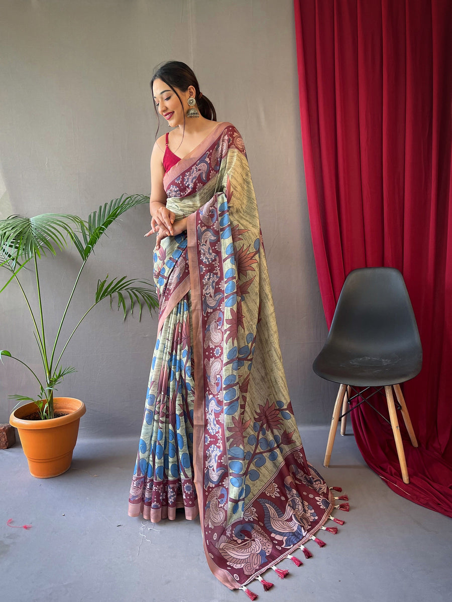Light Green Saree in Cotton Kalamkari Print for women - Clot