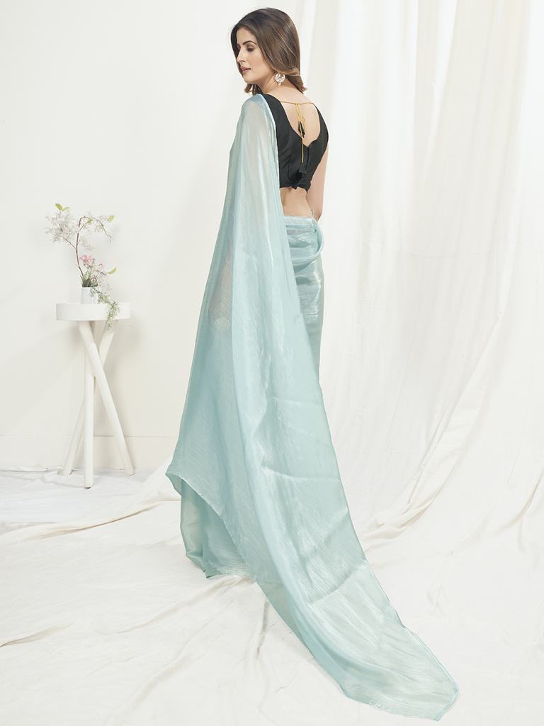 Ice Blue Ready to Wear One Minute Saree In Satin Silk - Clot
