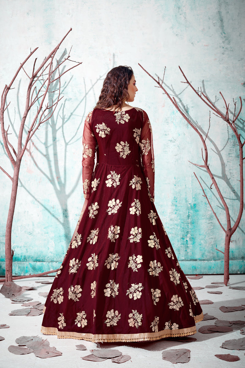 Maroon Anarkali Long Gown With Metalic Foil Work And India B