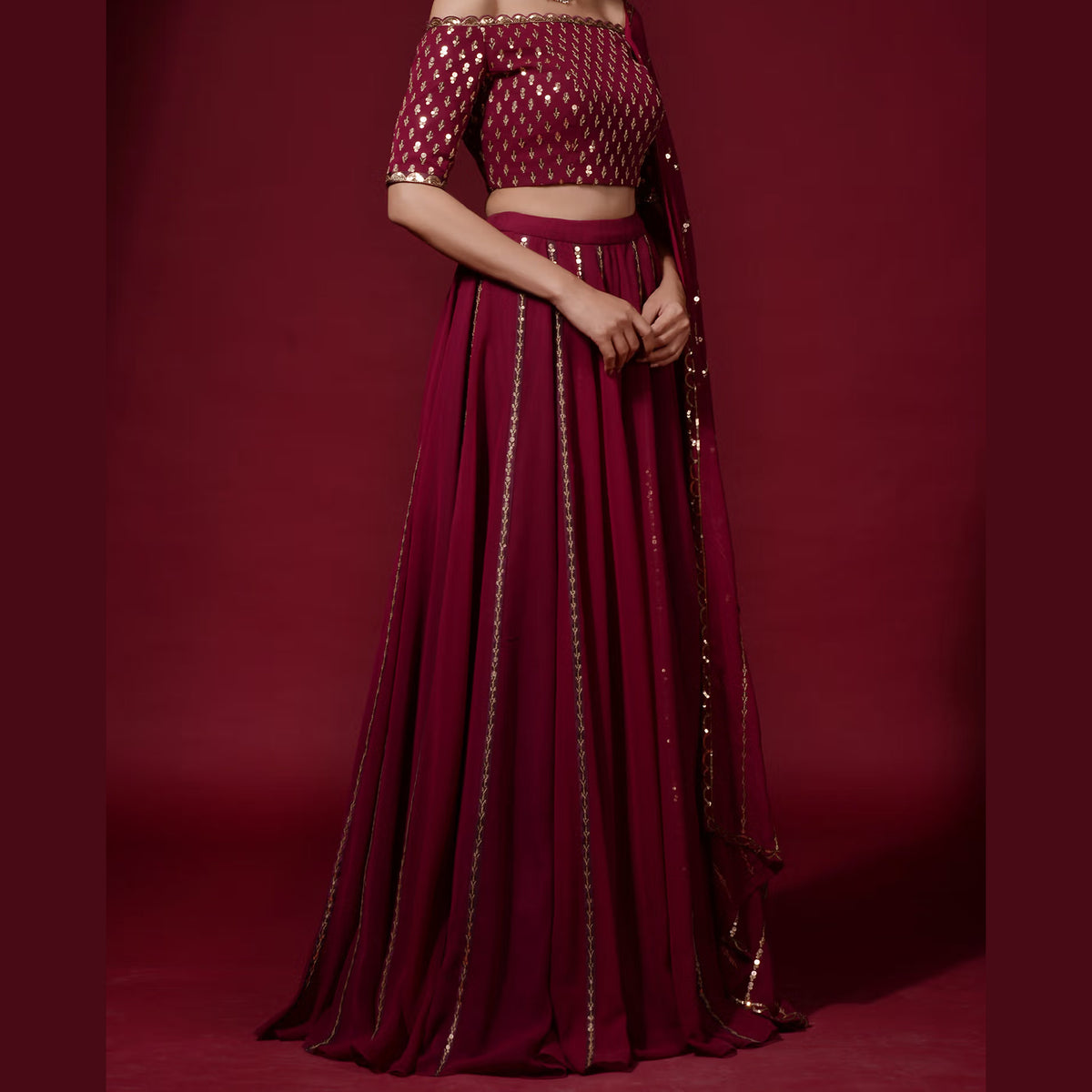 Maroon Lehenga Choli in Georgette with Heavy Sequins and Zar