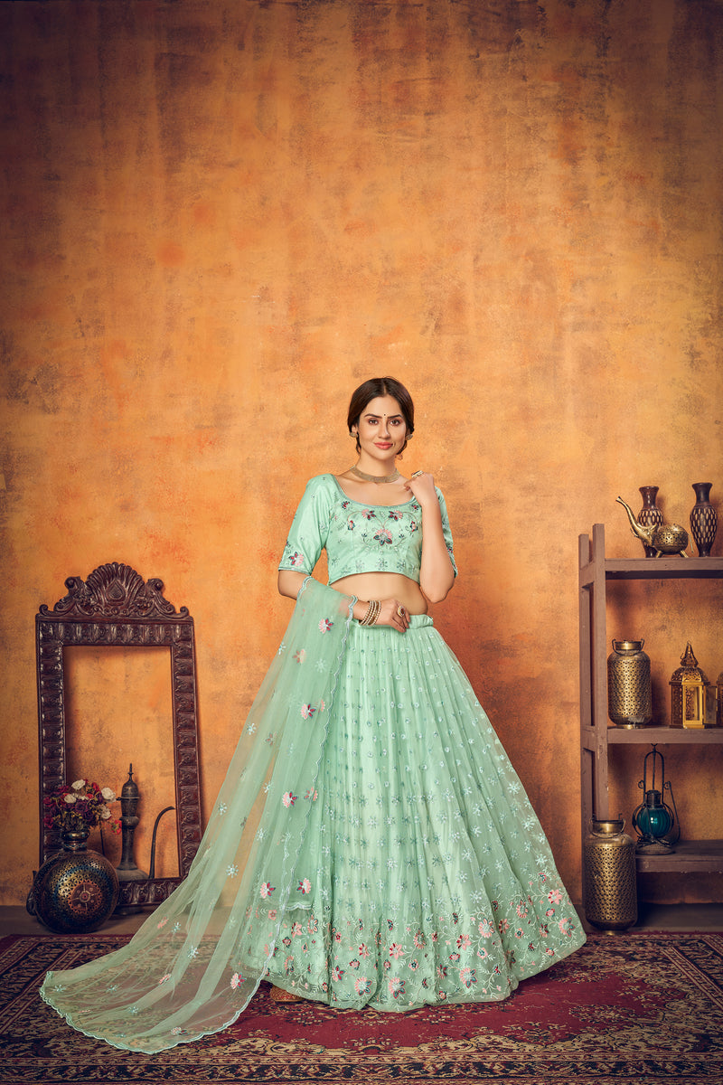 Mint Green Thread Embroidered Net Festival Lehenga Choli