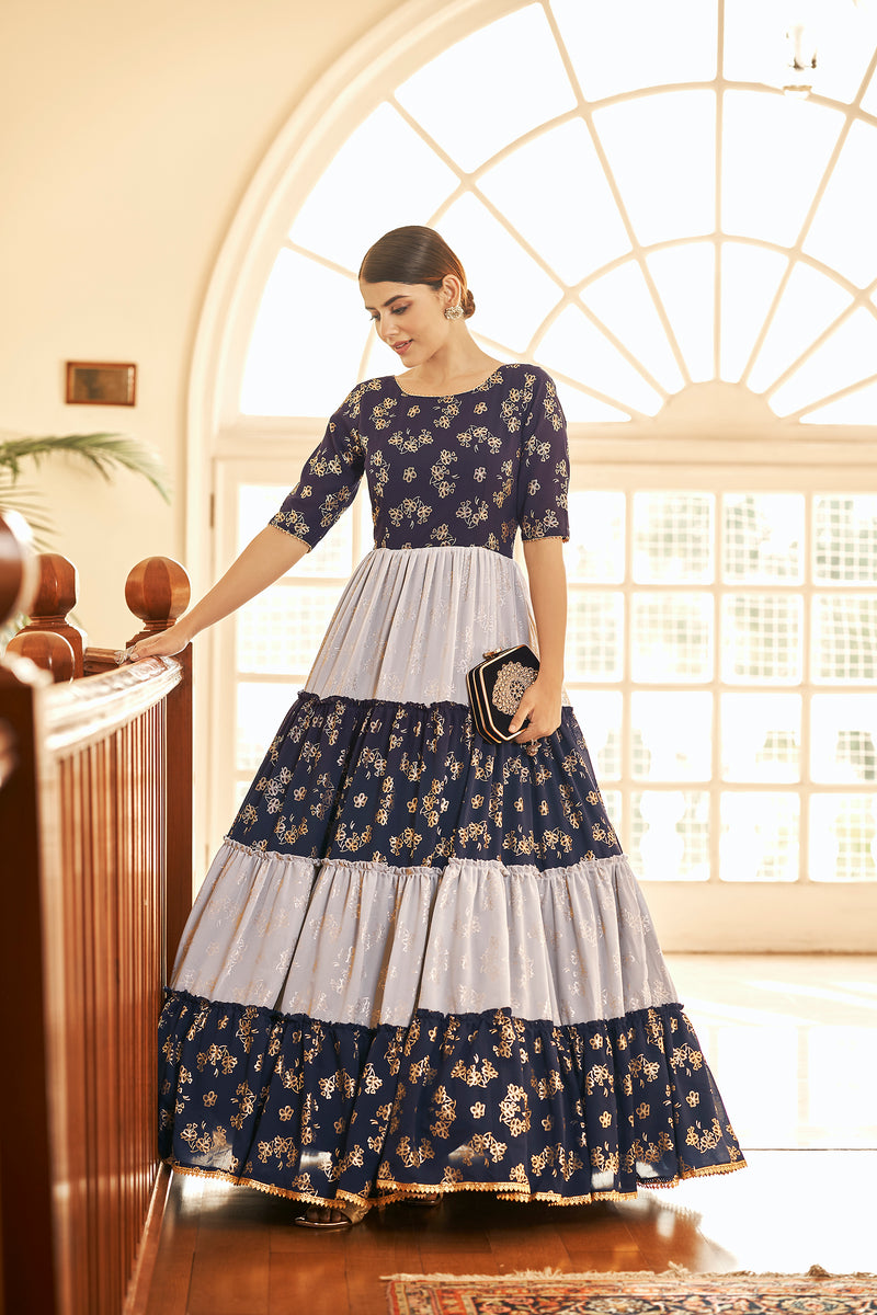 Navy Blue Semi Stitched Georgette Foil Print Long Gown - Clo