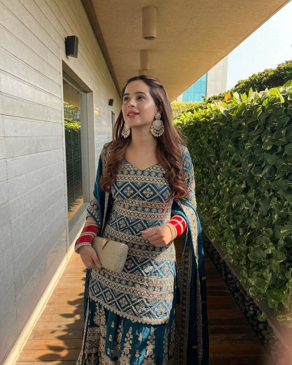 Preferable Teal Blue Color Sequence Embroidered Lehenga With