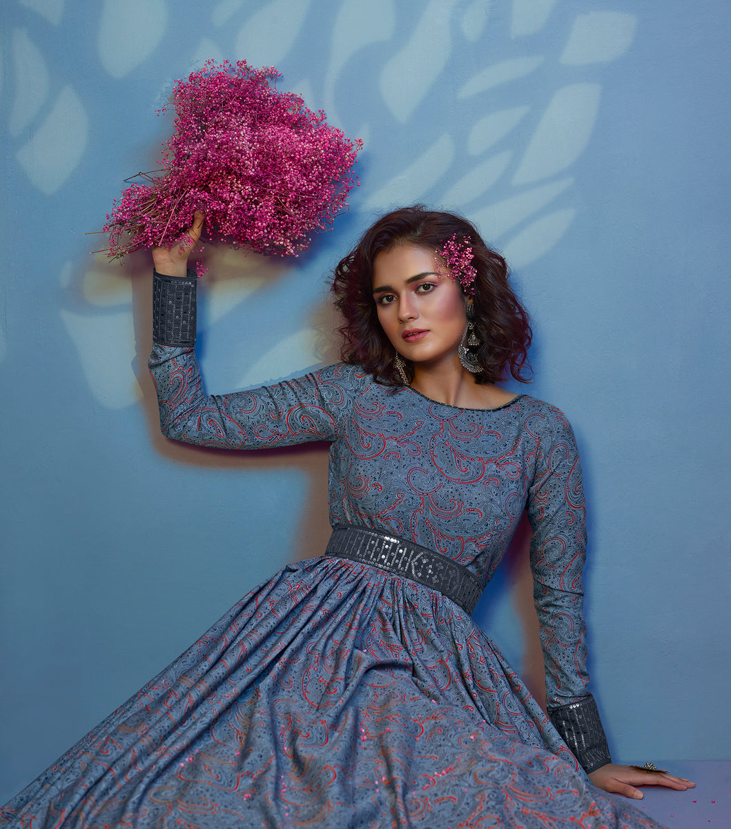 Provocative Grey Print With Sequince Embroidered Natural Cre