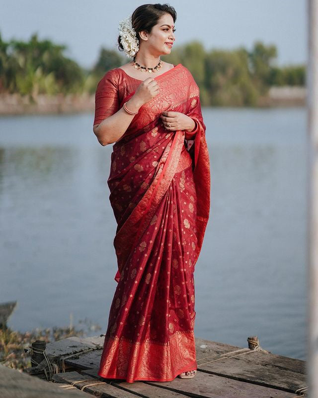 Majesty Red Soft Silk Saree With Elision Blouse Piece - Clot