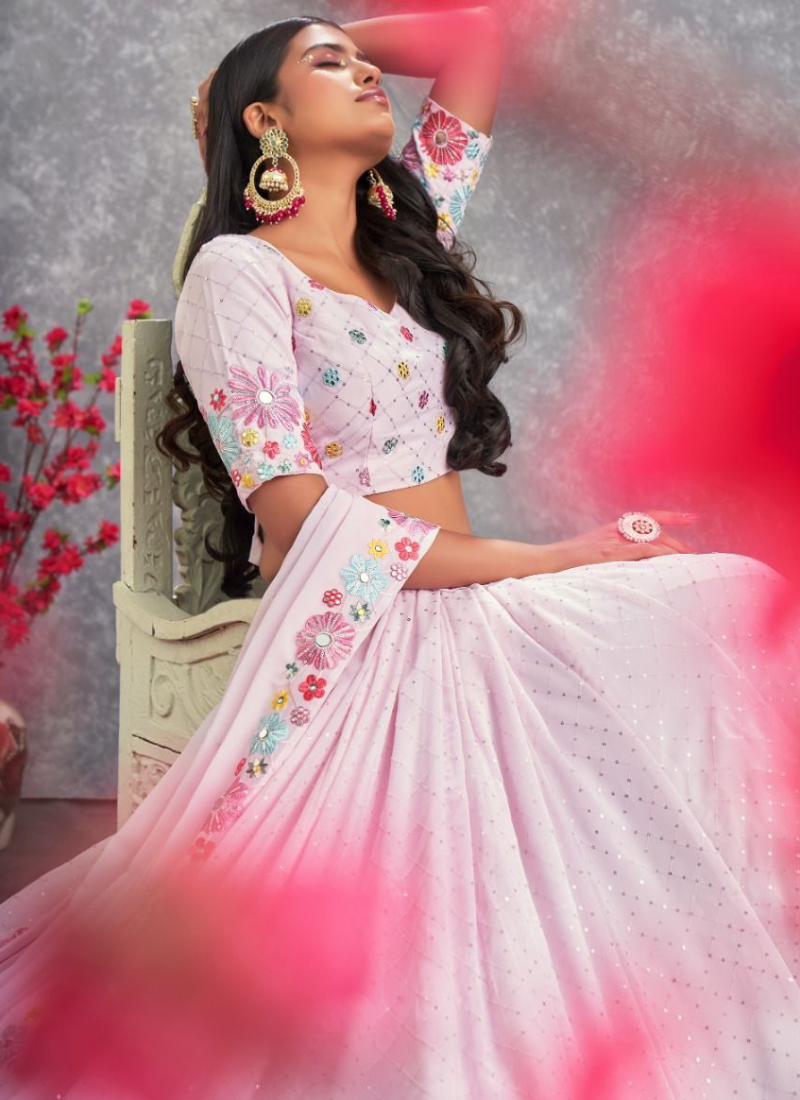 Unique Light Pink Embroidery Georgette Lehenga Choli