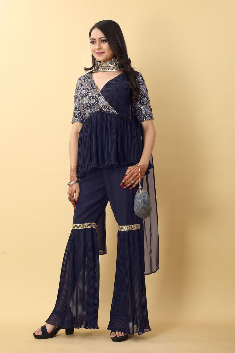 Unique Navy Blue Color Work With Pleated Sharara Set - Cloth