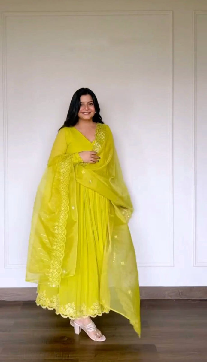 Beautiful Sequence Work Lemon Yellow Color Anarkali Gown - C