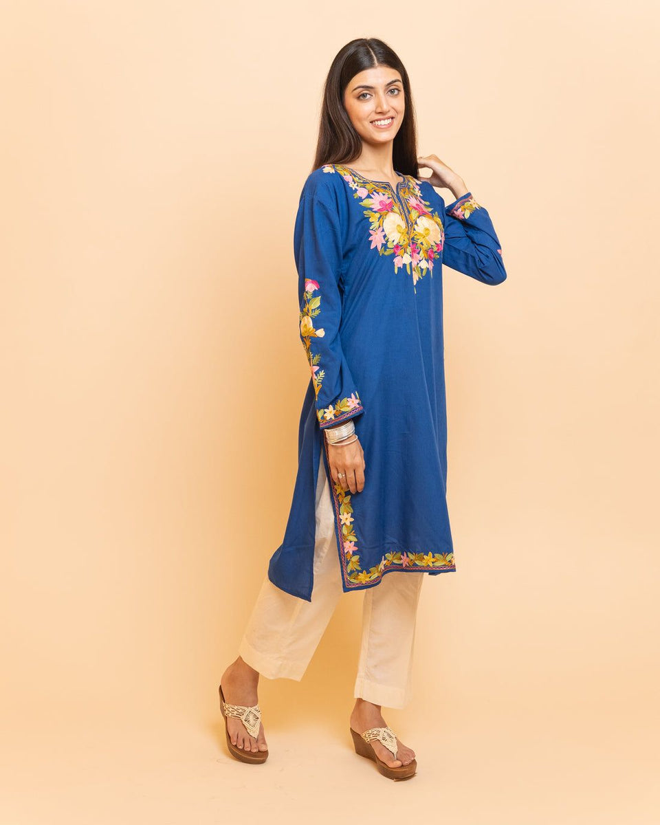 Multi Color Thread Work Blue Kurti With White Pant