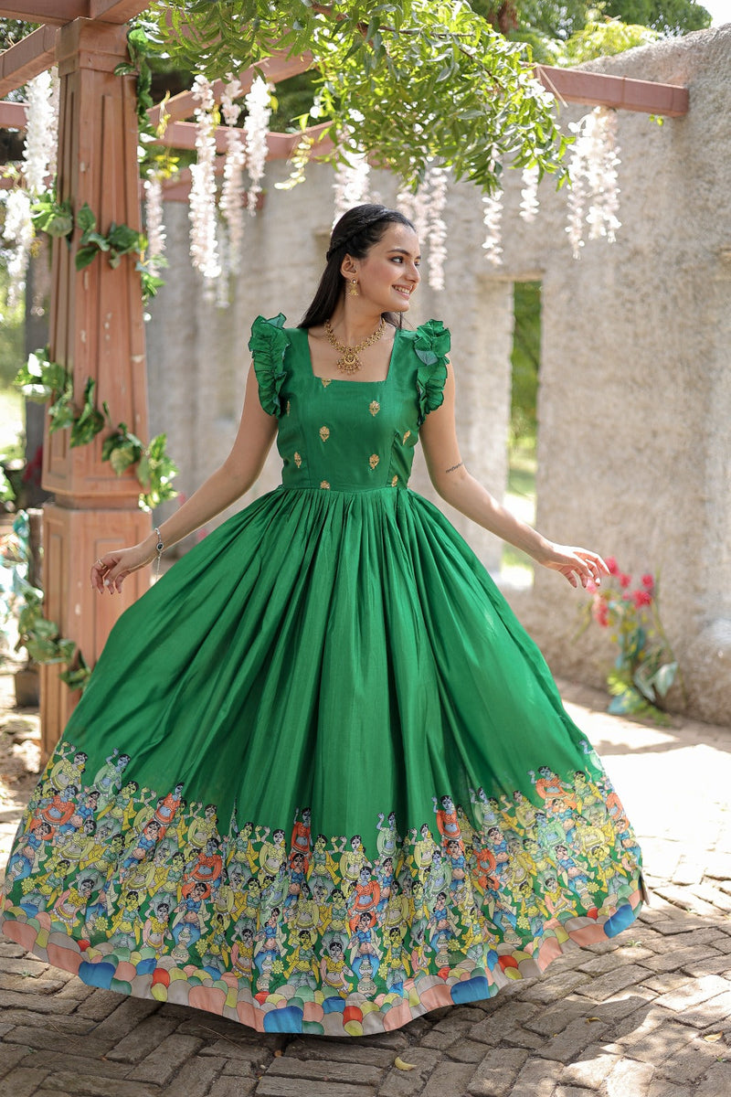 Exclusive Rich Designer Print Green Color Gown - Clothsvilla