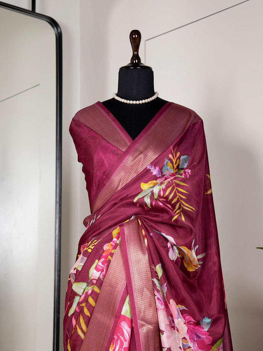 Maroon Color Printed With Zari Border Dola Silk Saree - Clot