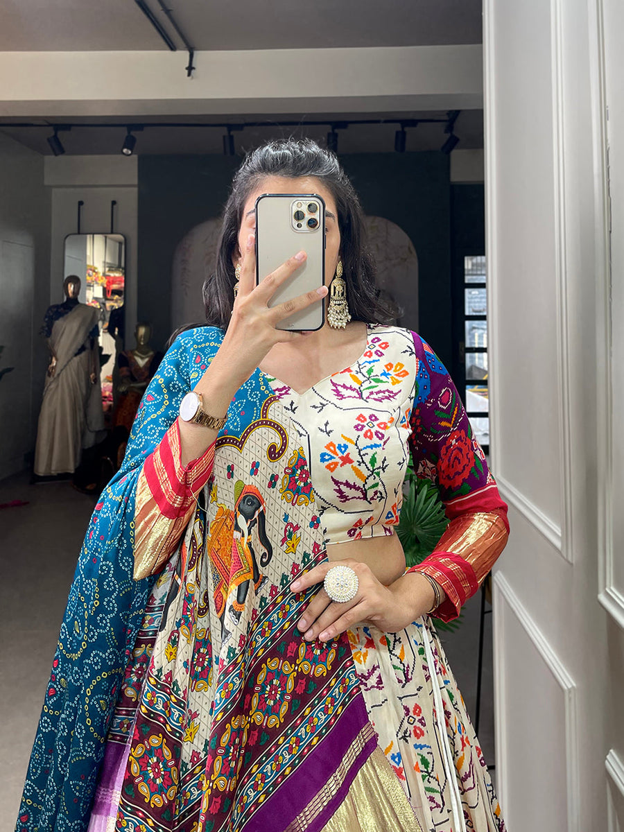 White Color Digital Printed With Lagadi Patta Gaji Silk Lehe