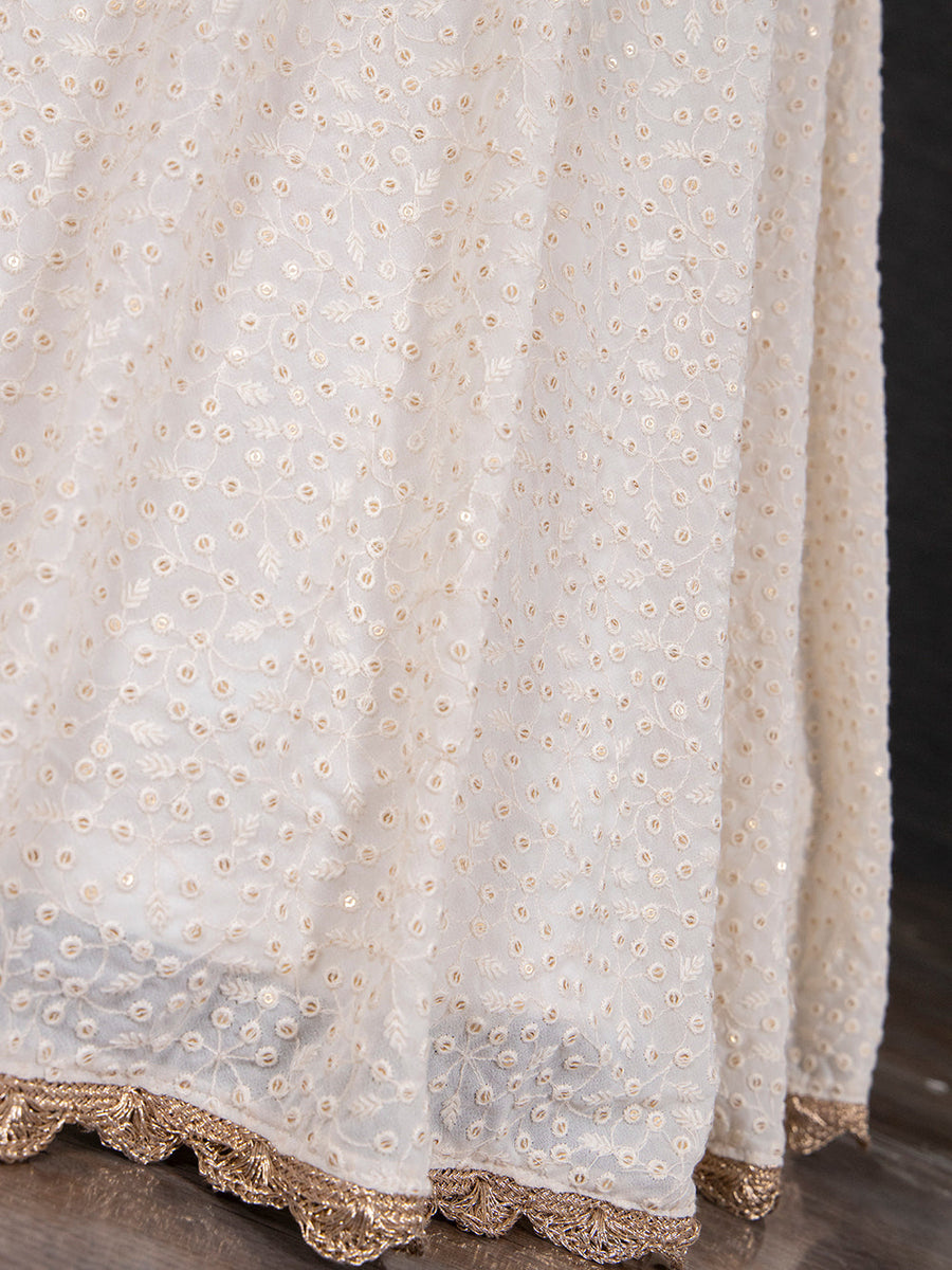 White Color Thread And Sequins Embroidery Work Georgette Leh