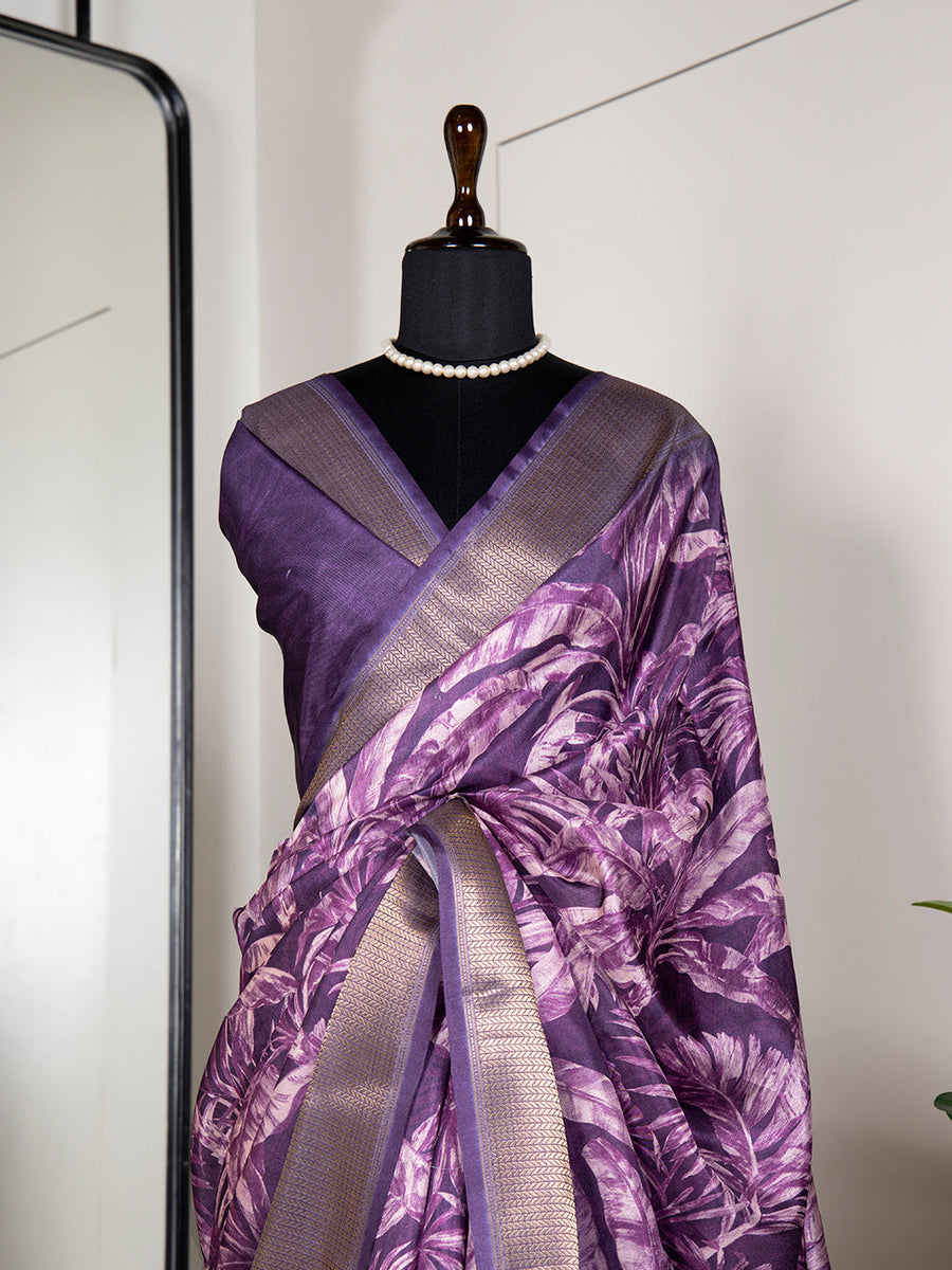 Purple Color Printed With Zari Border Dola Silk Saree - Clot