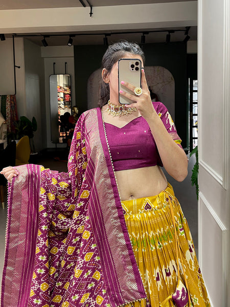 Mustard Color Patola Printed With Foil Work Tussar Silk Lehe