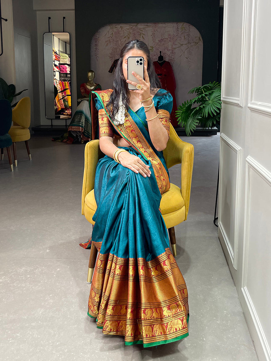 Firozi Color Zari Weaving Work Narayan Pet Saree - Clothsvil