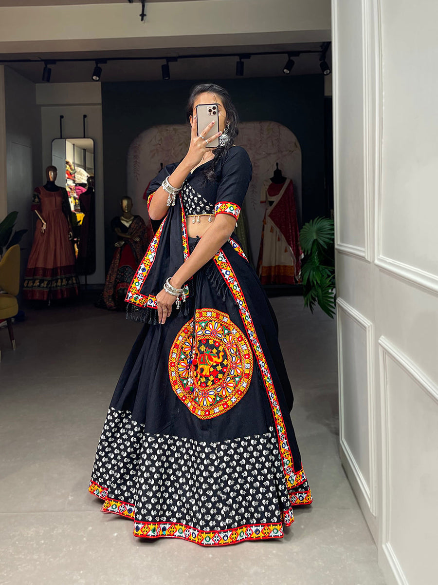Black Color Printed With Gamthi Work Cotton Lehenga Choli
