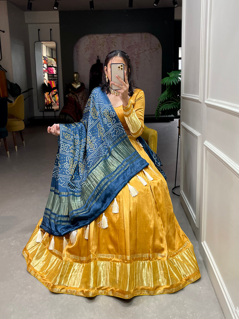 Mustard Color Dyeing With Lagdi Patta Gaji Silk Lehenga Chol