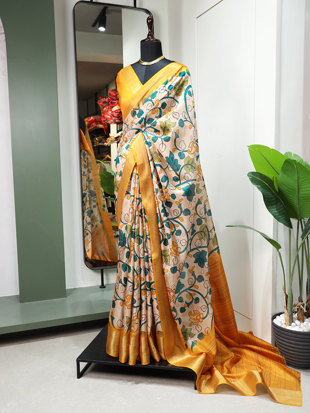 Yellow Color Printed With Zari Border Dola Silk Saree - Clot