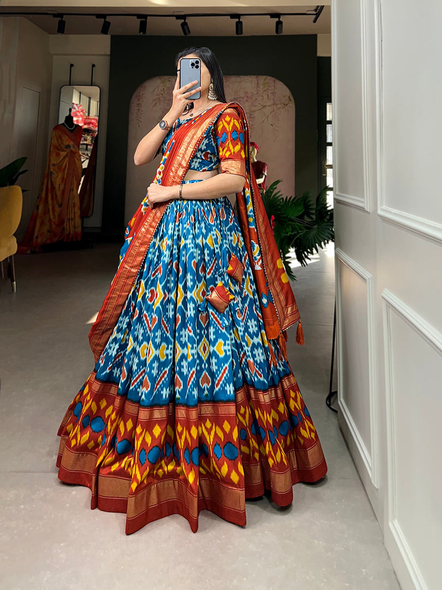 Firozi Color Patola Print With Foil Work Tussar Silk Lehnga