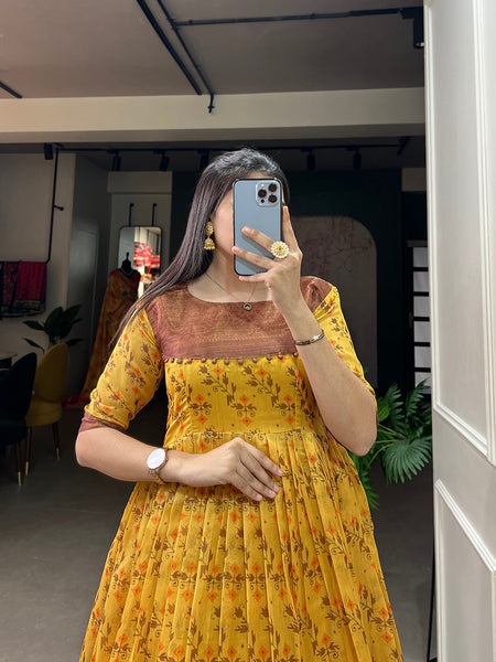 Yellow Color Print With Zari Patta Soft Cotton Dress - Cloth
