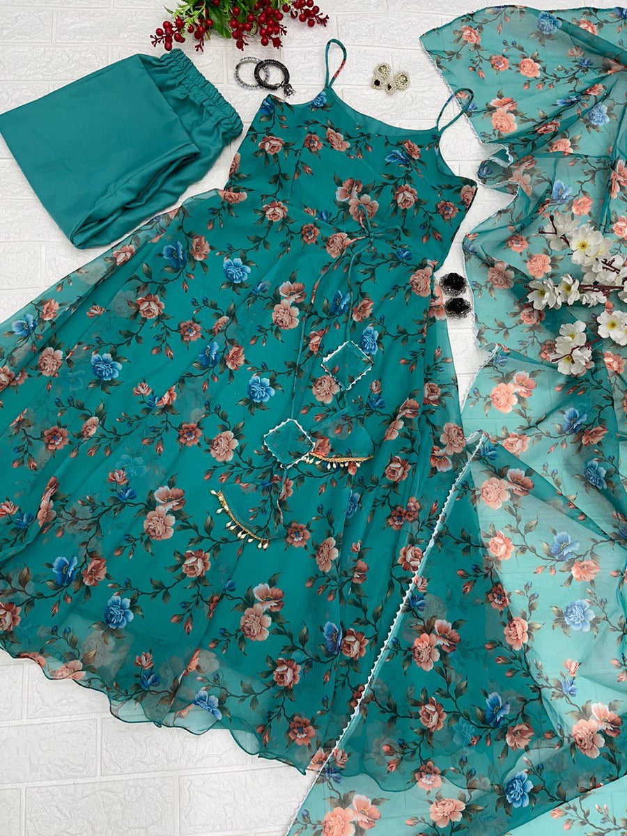 Fabulous Flower Print Green Color Anarkali Suit - Clothsvill