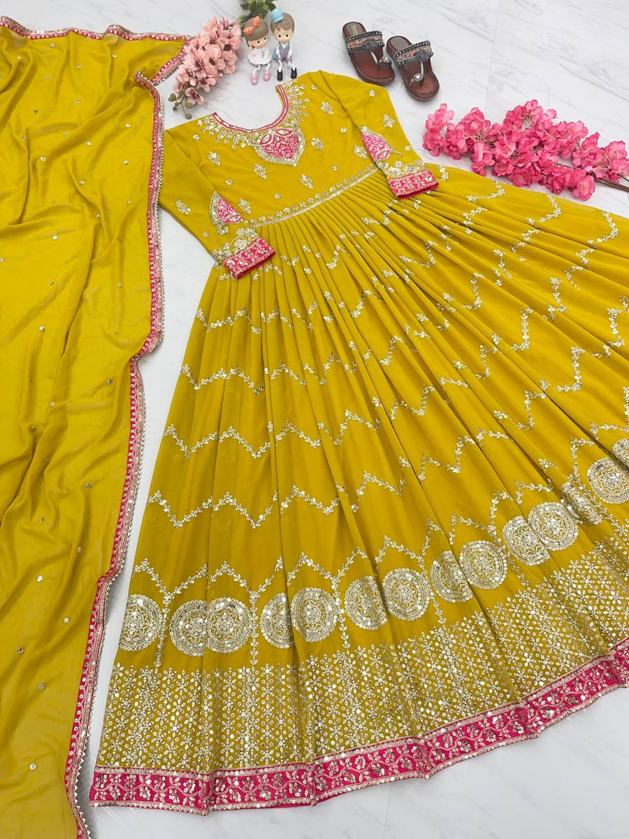 Haldi Wear Yellow Color Sequence Work Gown - Clothsvilla
