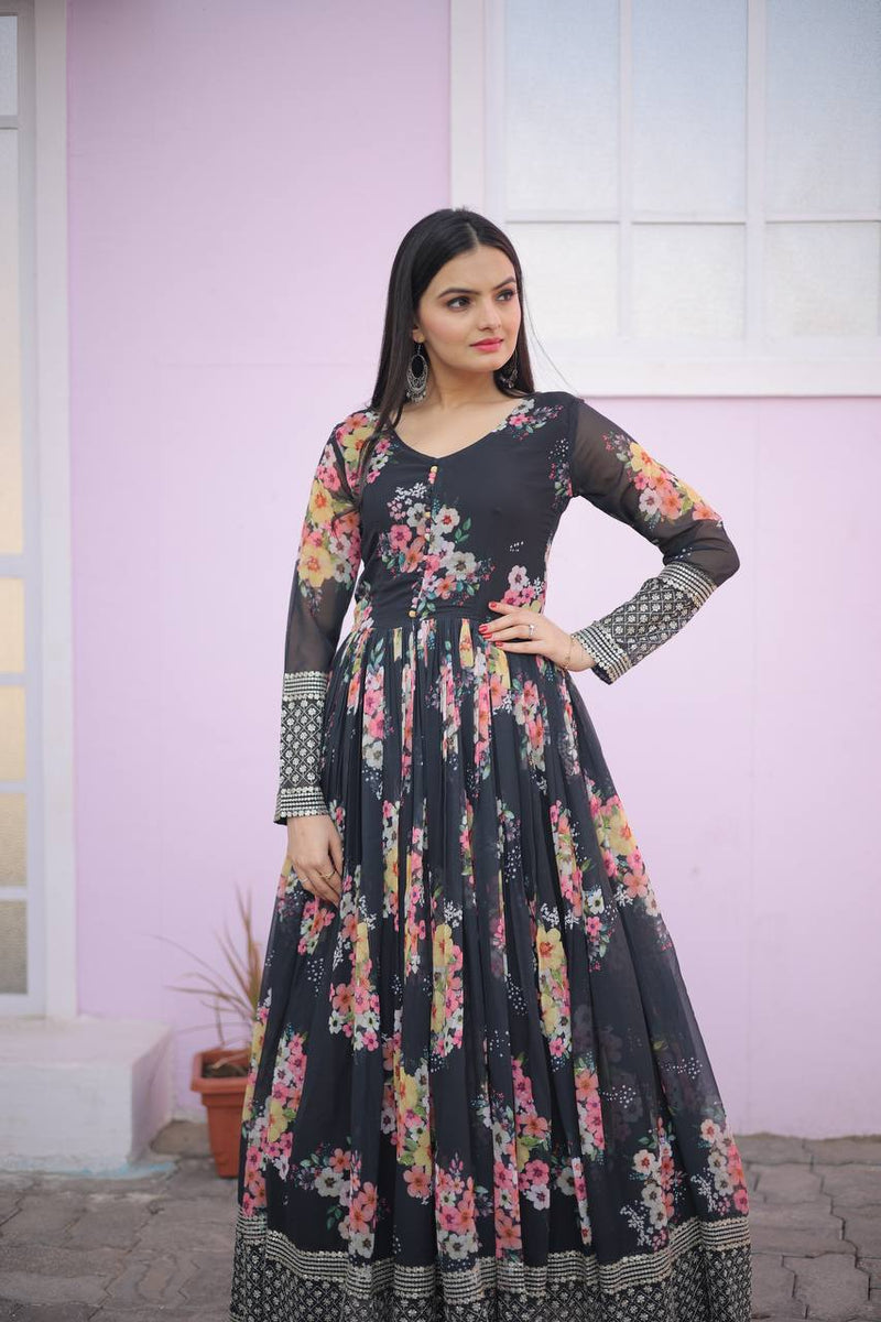 Digital Print black Color Function Wear Gown - Clothsvilla