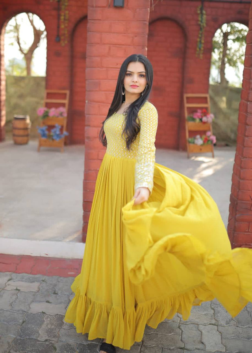 Fantastic Multi Sequins Work Yellow Color Gown - Clothsvilla