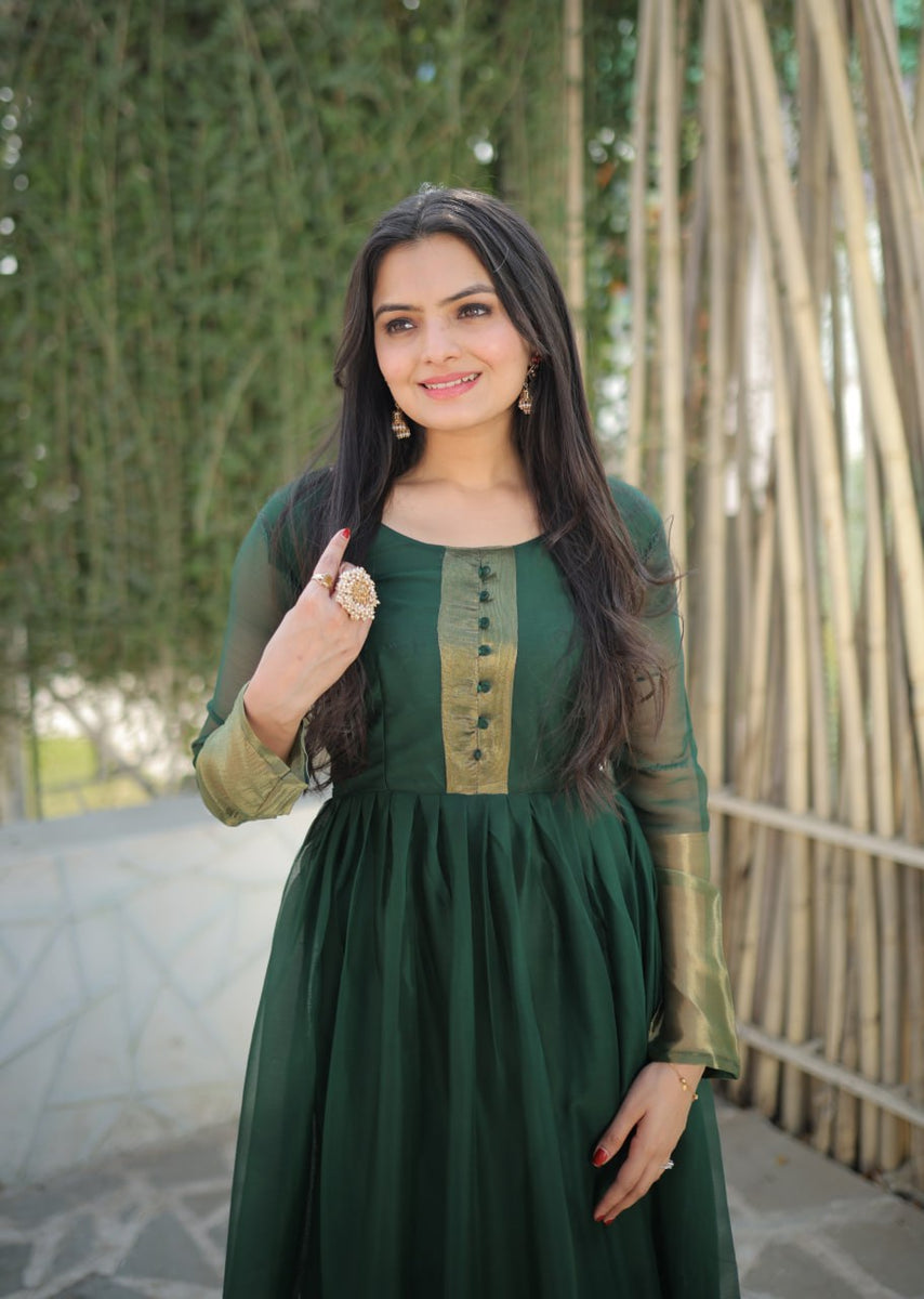 Attractive Chiffon Golden Zari Patta Green Color Gown - Clot