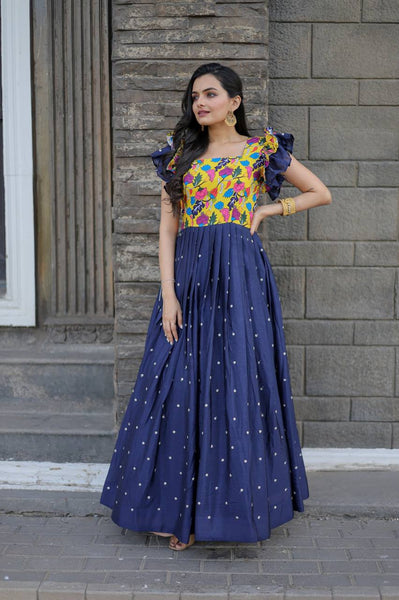 Beautiful Work Blue Color Function Wear Gown - Clothsvilla
