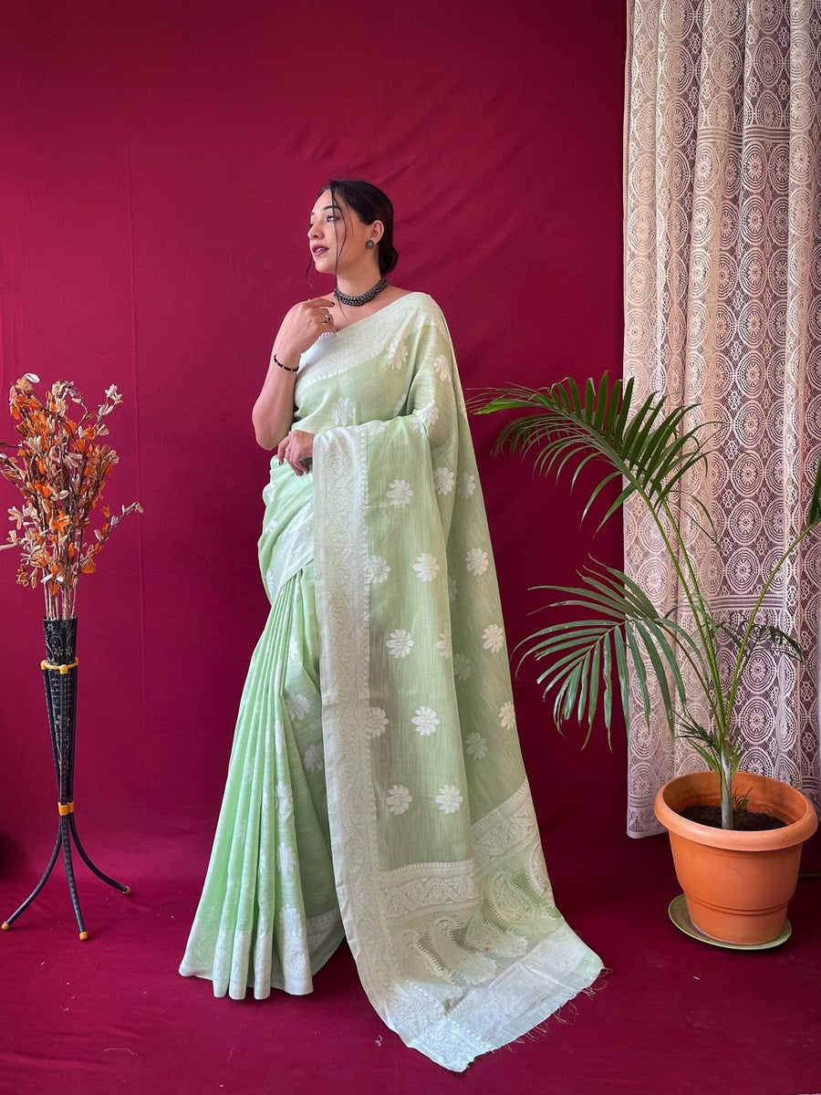 Light Green Saree in Pure Linen Lucknowi - Clothsvilla